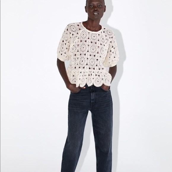 Zara | Tops | Zara Ruffled Knit Crochet Top Balloon Sleeve Ecru | Poshmark